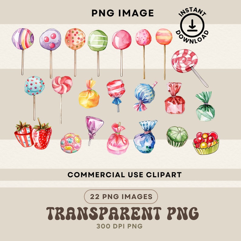 22 Candy Clipart, Candy Printable, Watercolor Lollipop, Sweet Sugar ...
