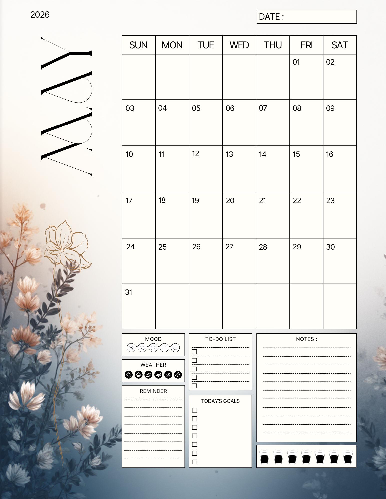 2026 Digital Monthly Planner, Hyperlinked PDF (monday & Sunday Start ...