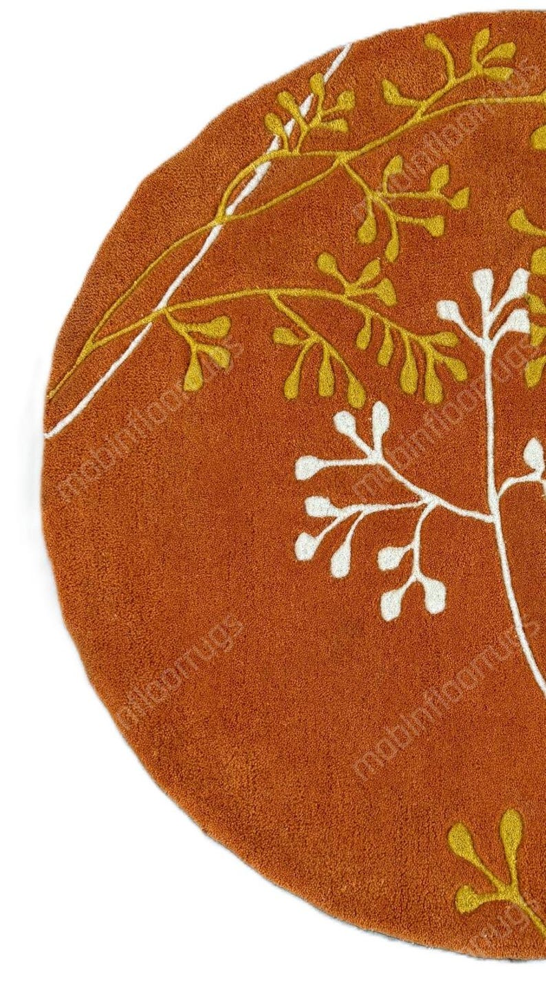 Hand Tufted Rug Round Terracotta Area Rug Botanical Branch Wool Carpet ...