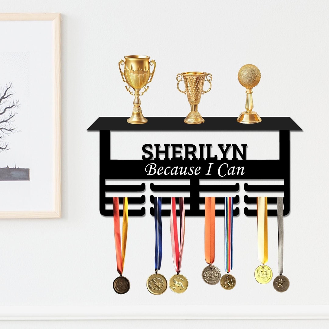 Personalized Medal Hanger and Trophy Shelf, Custom Metal Medal Holder ...
