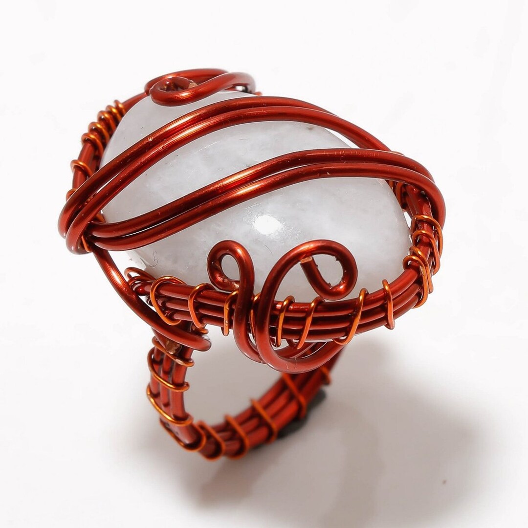 Natural Rainbow Moonstone Copper Ring, Copper Wire Wrapped Ring ...