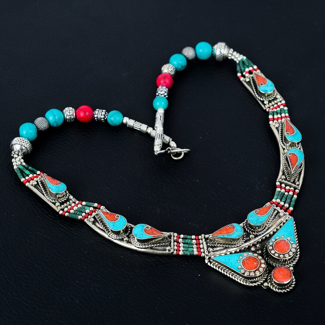 Precious Tibetan Turquoise, Red Coral Handmade Nepali Necklace, Beaded ...