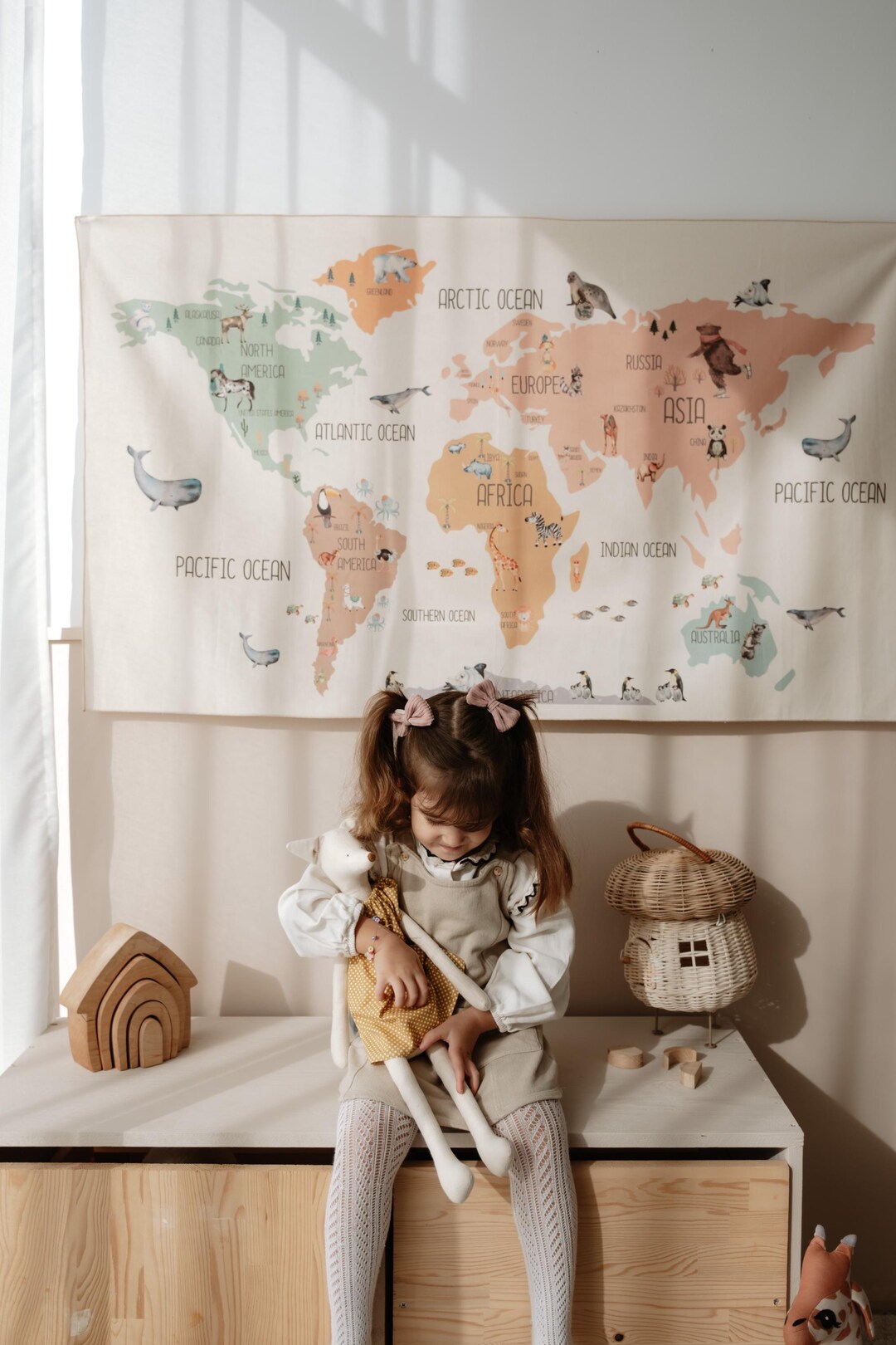 World Map Tapestry, Educational World Map Wall Hanging, Cotton Fabric ...