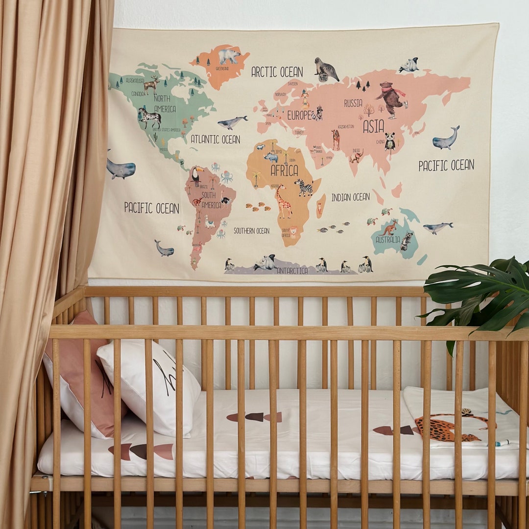 World Map Tapestry, Educational World Map Wall Hanging, Cotton Fabric ...