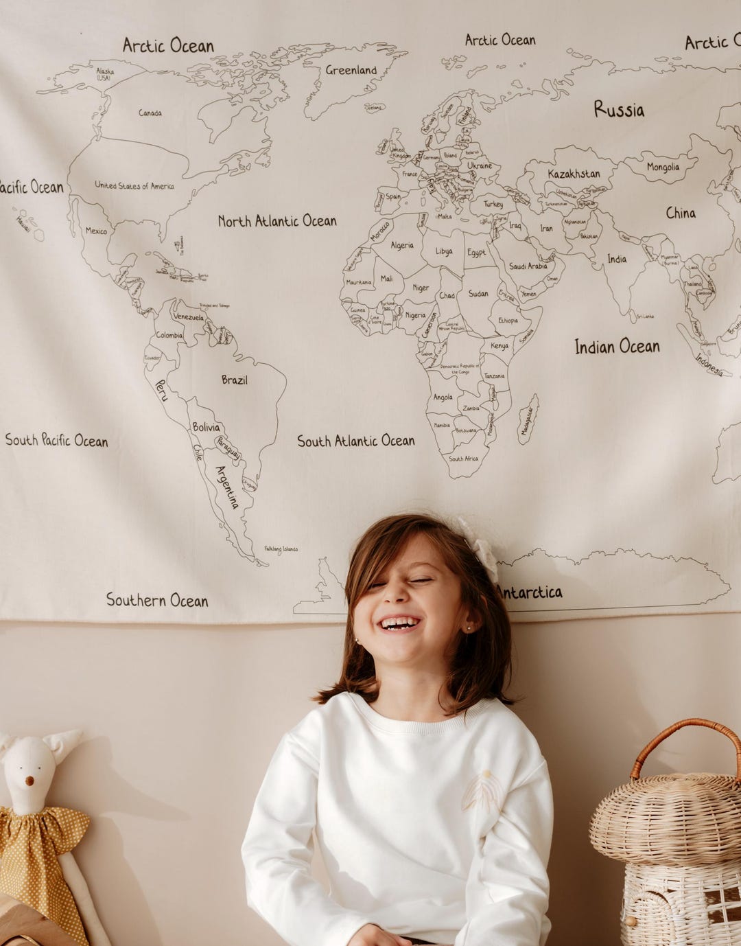 Earth Tone World Map Tapestry - Organic Cotton Neutral Nursery Wall ...