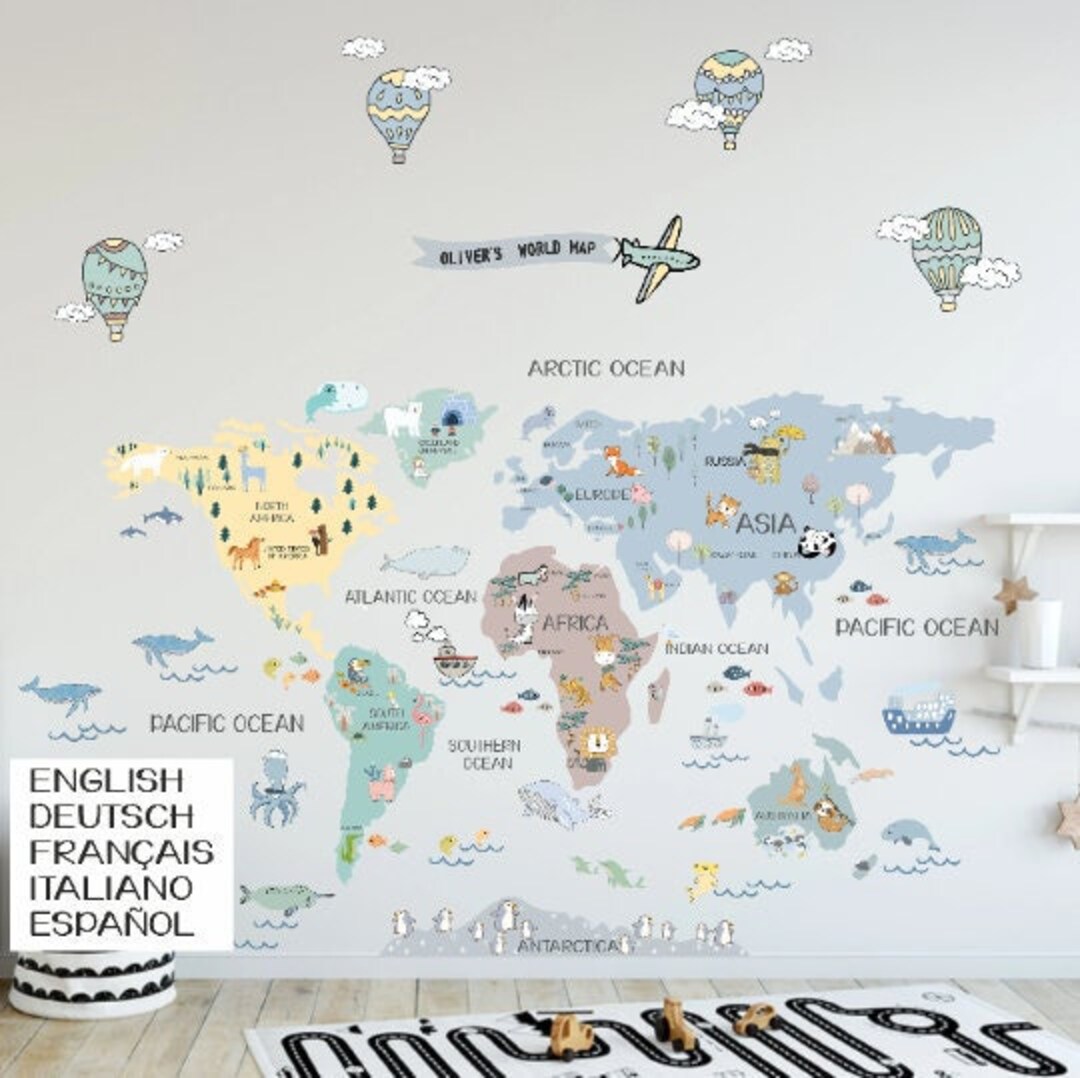 Sky World Map Wall Sticker/peel Stick Wallpaper/nursery World Map ...