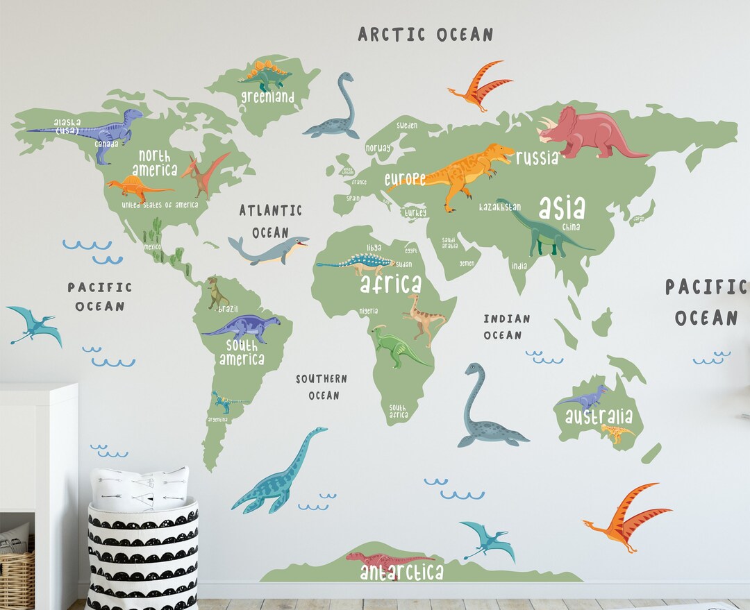 Dinosaur World Map Wall Decal: Removable Kids Room Decor - Etsy