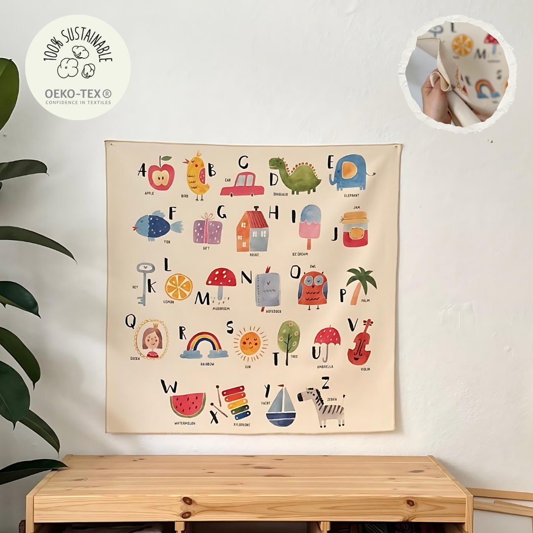 Alphabet Tapestry, Organic Cotton Fabric Tapestry, Kid Room Tapestry ...