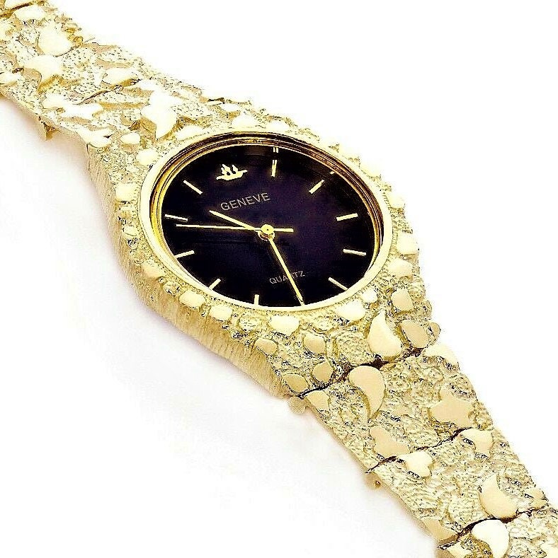 Men's Watch 10k Yellow Gold Nugget Link Band Geneve Wrist - Etsy
