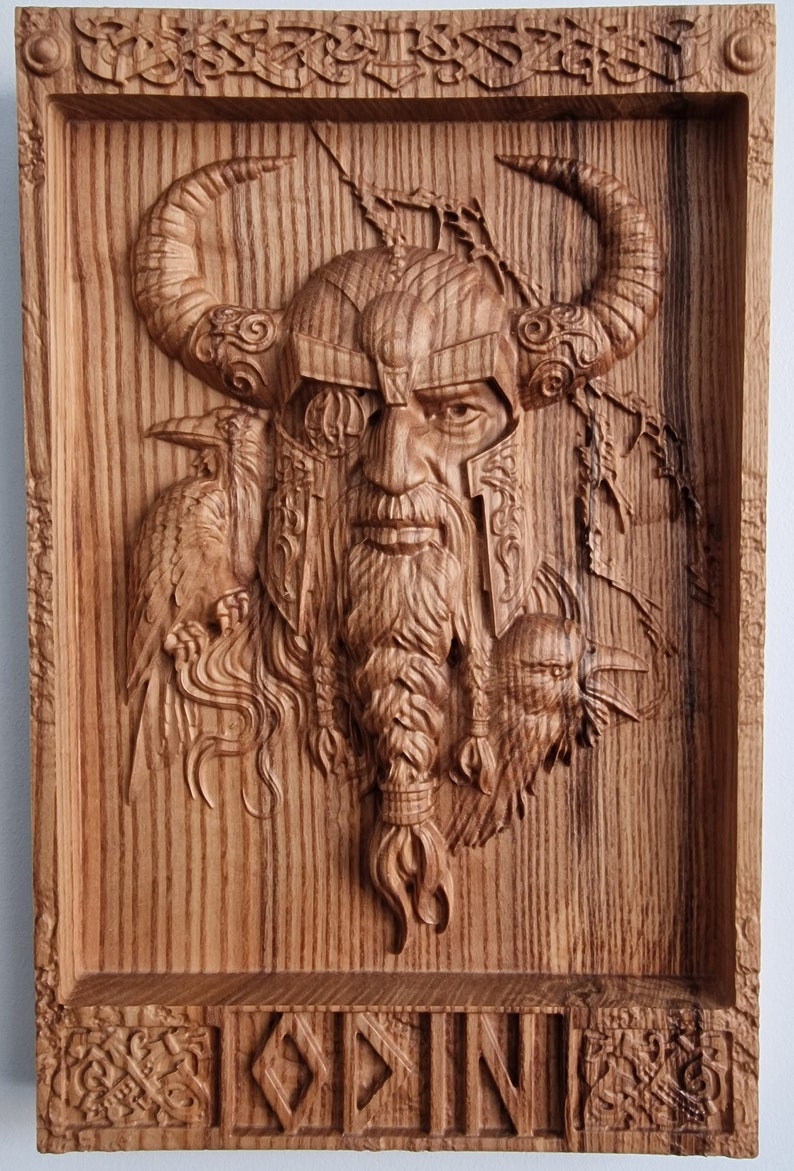 Odin Wood Carving: Norse Mythology Viking Wall Art, Handmade Ash Wood ...
