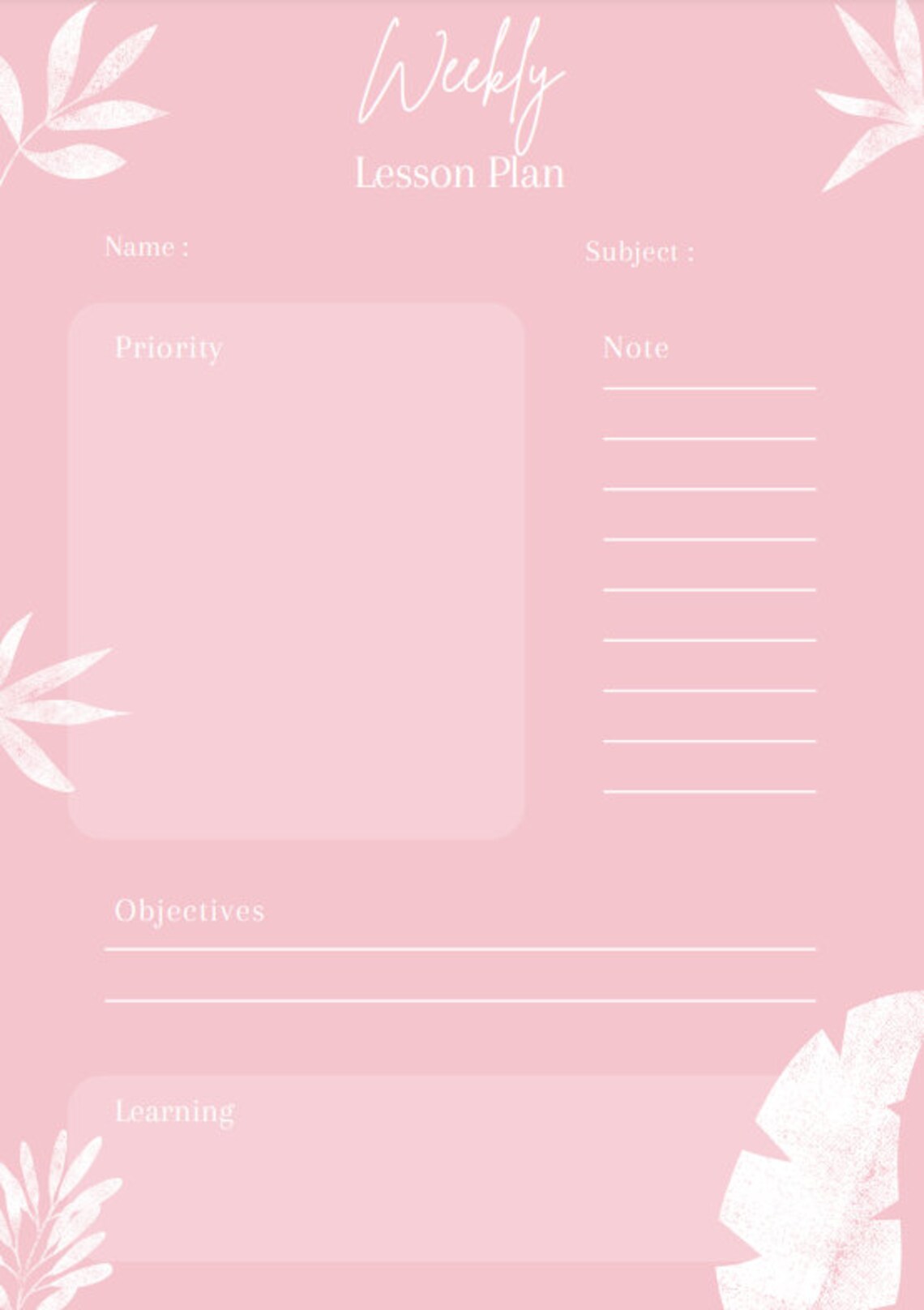 Printable Weekly Lesson Plan A4 PDF - Light Pink - Etsy