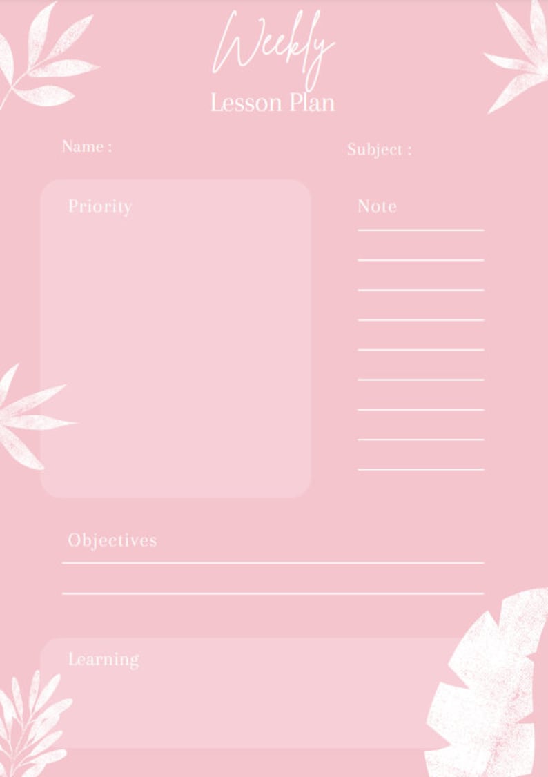 Printable Weekly Lesson Plan A4 PDF - Light Pink - Etsy