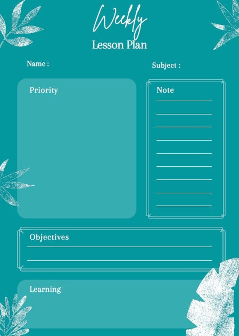 Printable Weekly Lesson Plan A4 PDF - Teal - Etsy