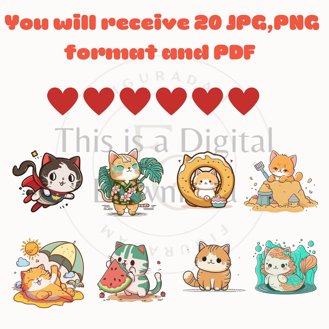 Cute Cat Clipart Set Summer Cats Beach Party Digital Clipart Funny Cat ...