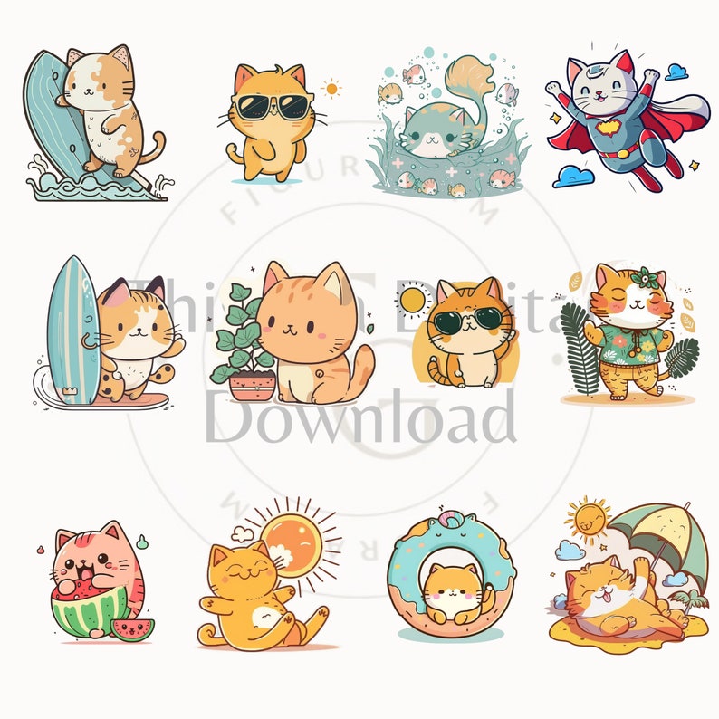 Cute Cat Clipart Set Summer Cats Beach Party Digital Clipart Funny Cat ...