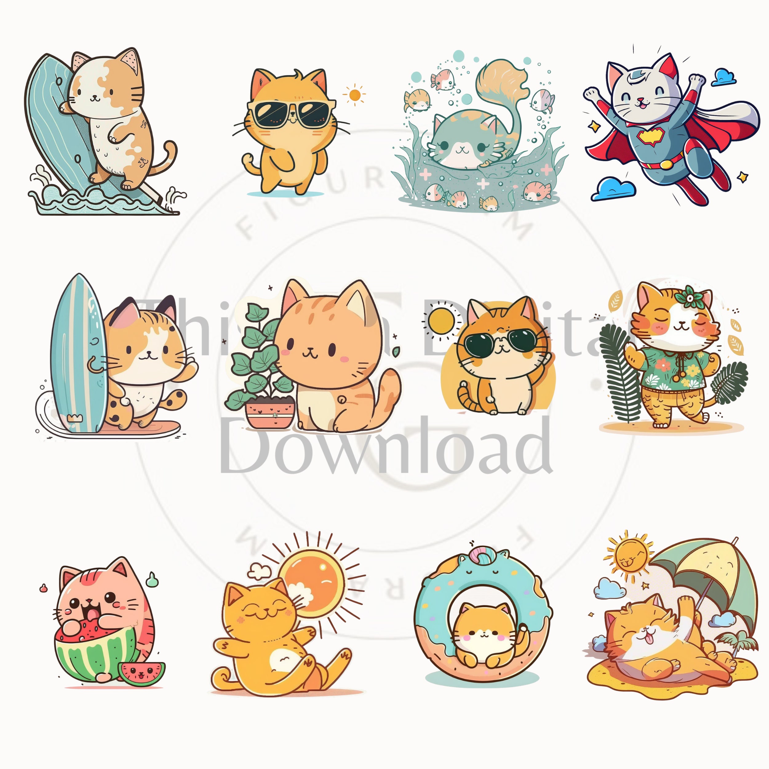 Cute Cat Clipart Set Summer Cats Beach Party Digital Clipart Funny Cat ...