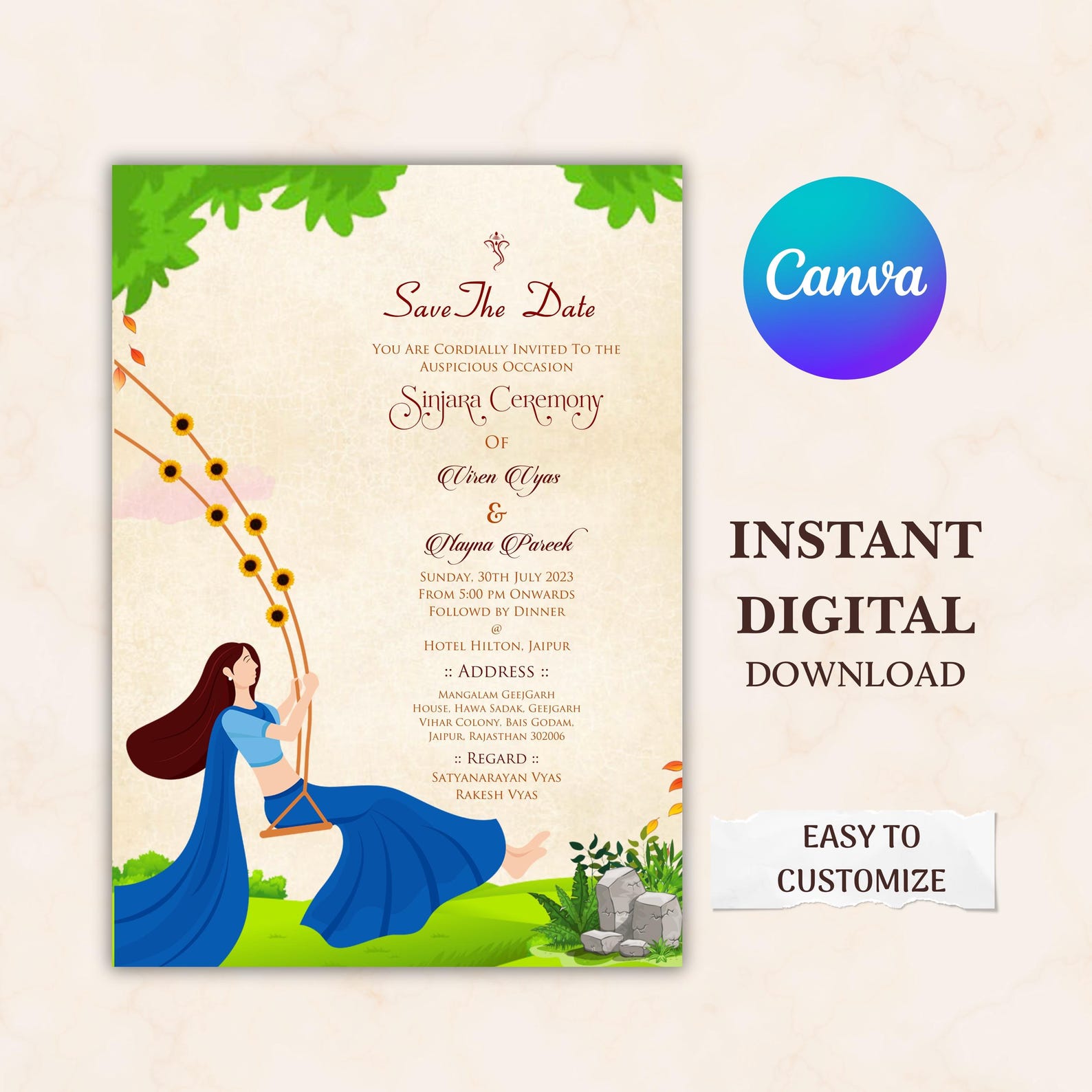 Editable Sinjara Ceremony Invitation | Swing Girl Indian Canva Template ...