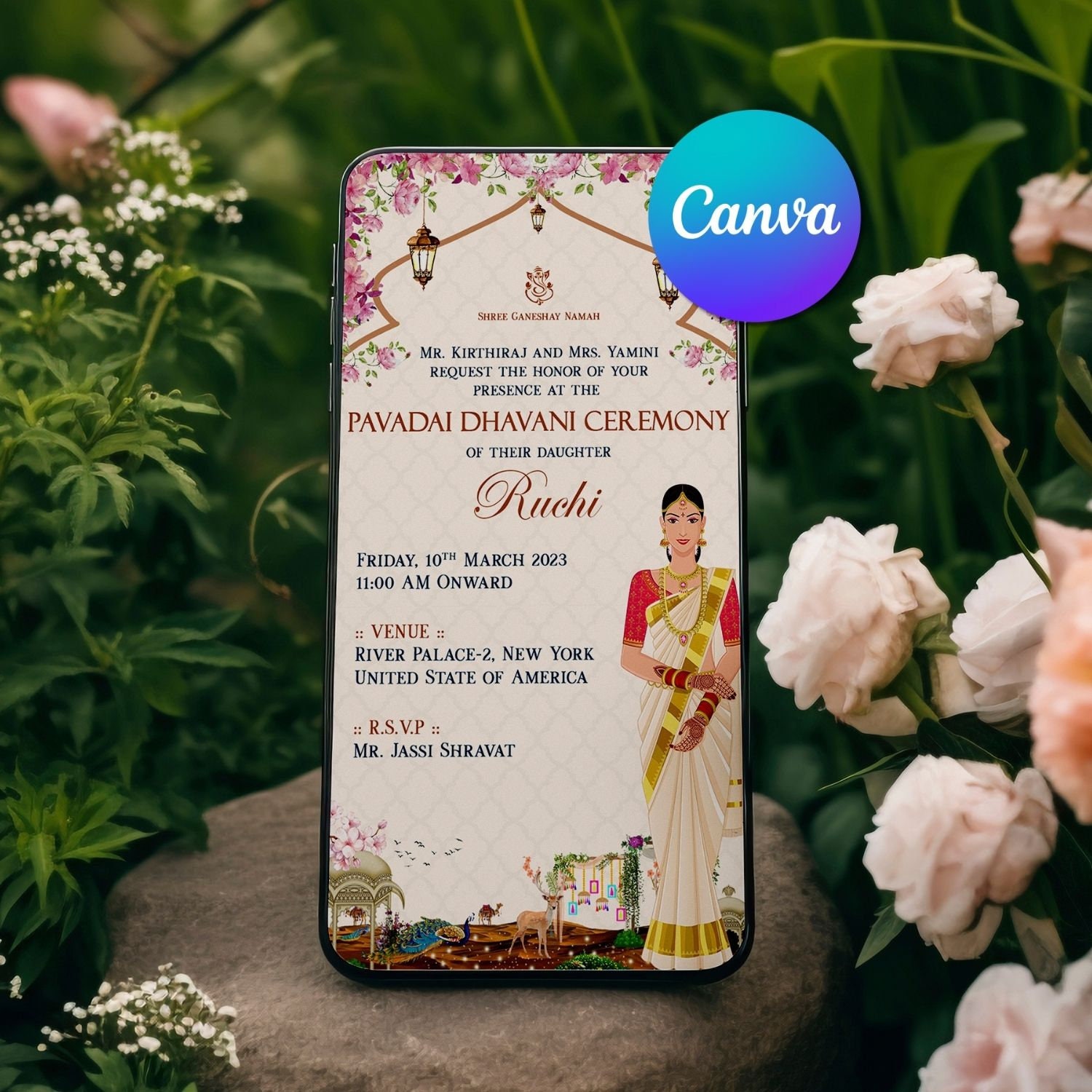 Pavadai Dhavani Digital Invitation Card With Royal Dessert Theme Canva ...