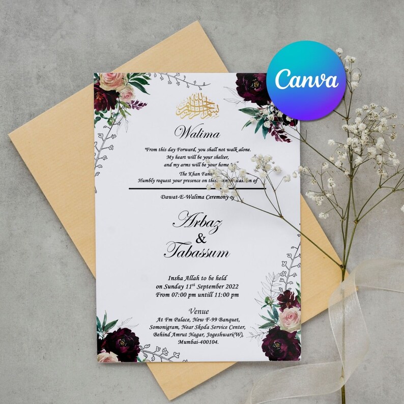 Walima Invitation Card of Islamic Family in Floral Theme Canva DIY ...