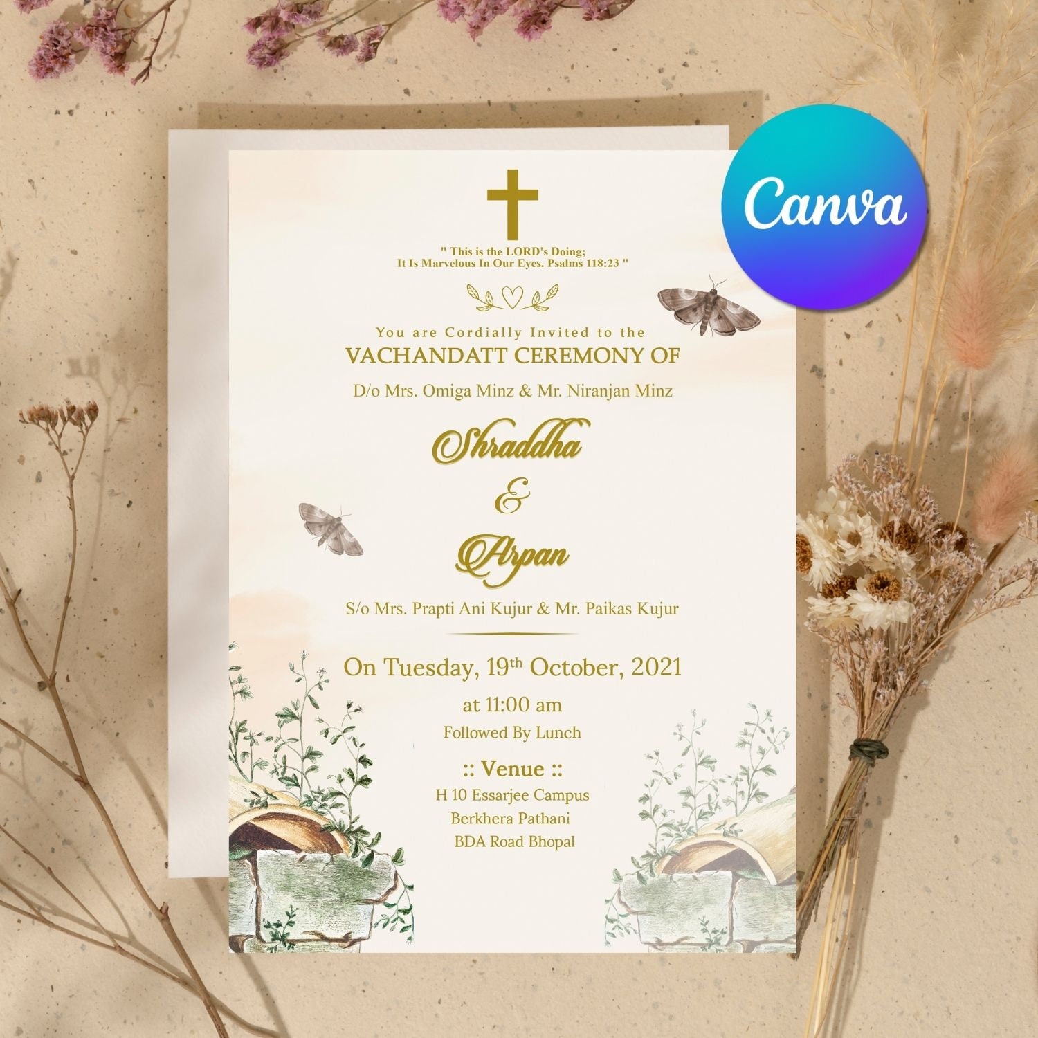 Bible Verse Christian Wedding Invitation Card of Church Family in Glittery Theme Canva DIY ...