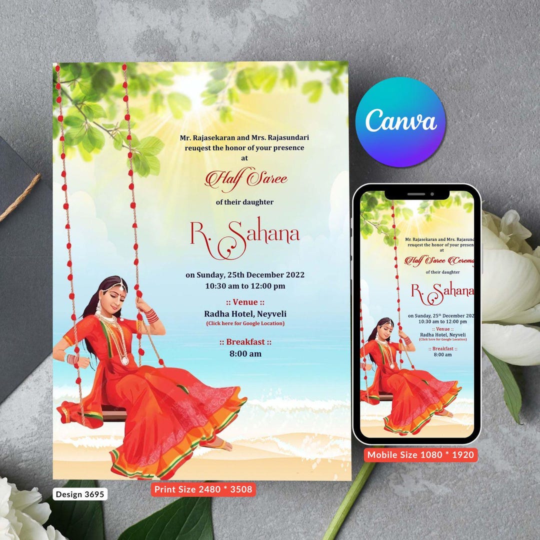 Half Saree Ceremony Invitation | Traditional Theme Digital Invite ...