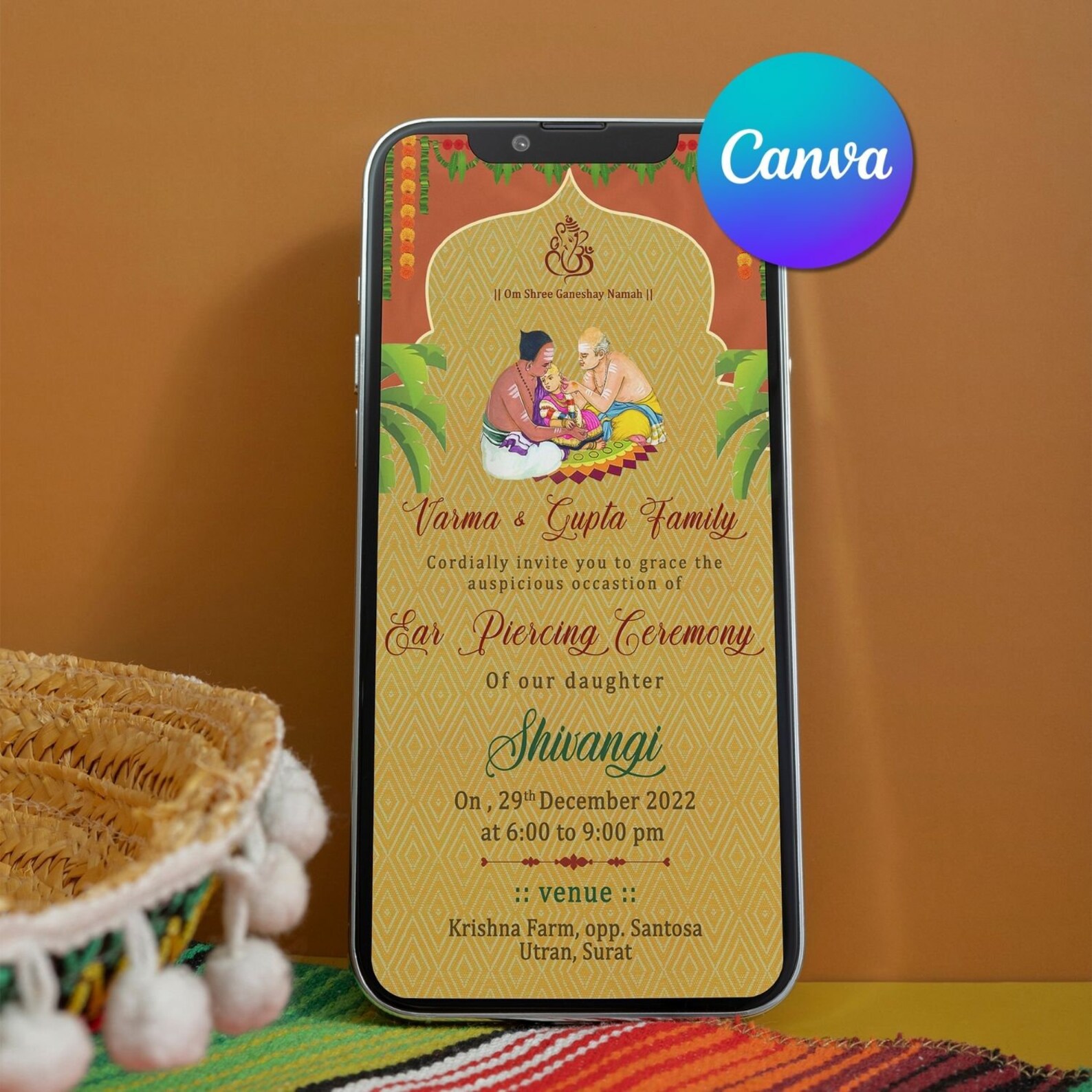 Ear Piercing Ceremony Invitation Card in Arch Theme Canva DIY Editable ...