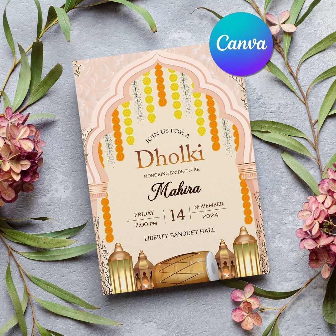 Dholki Digital Invitation Card With Royal Theme Canva DIY Editable ...