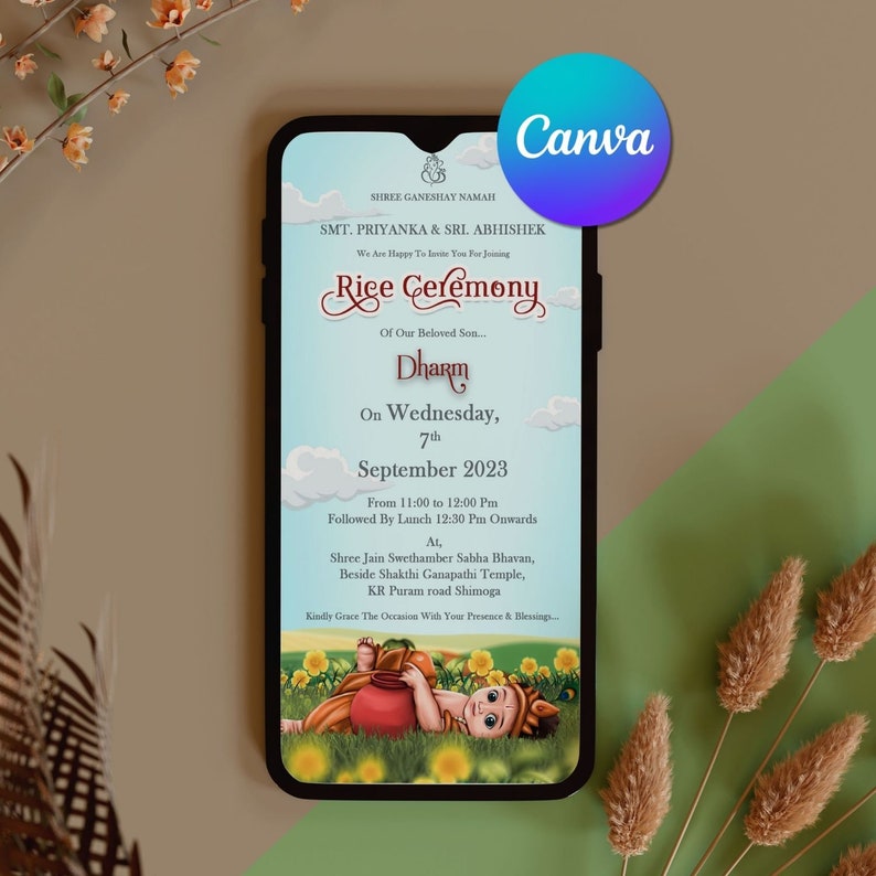 Rice Feedingceremony Invitation Card Ingarden Theme Canva DIY Editable ...