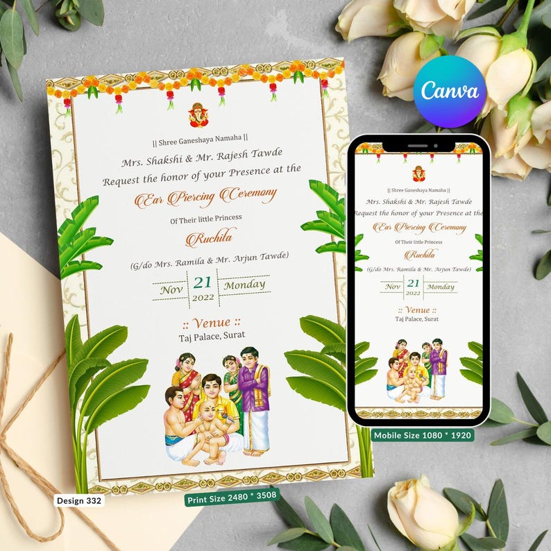 Ear Piercing Ceremony Invitation | Traditional Marigold Garland Theme ...
