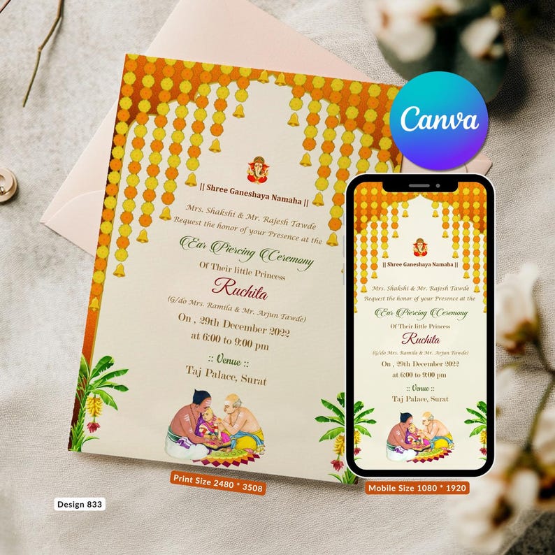 Ear Piercing Ceremony Invitation Card Canva Editable Template in ...