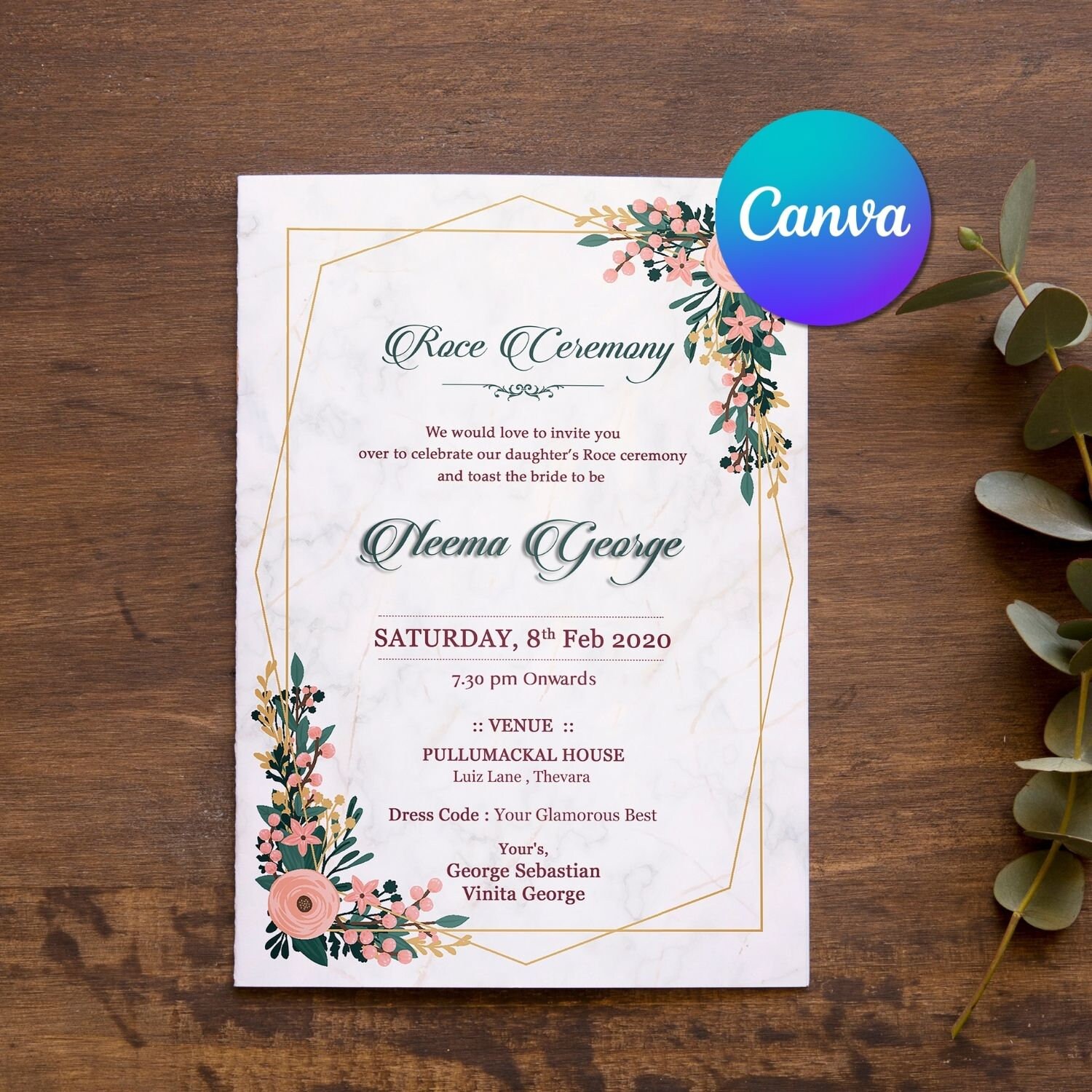 Roce Ceremony Invitation Card in Floral Theme Canva DIY Editable ...