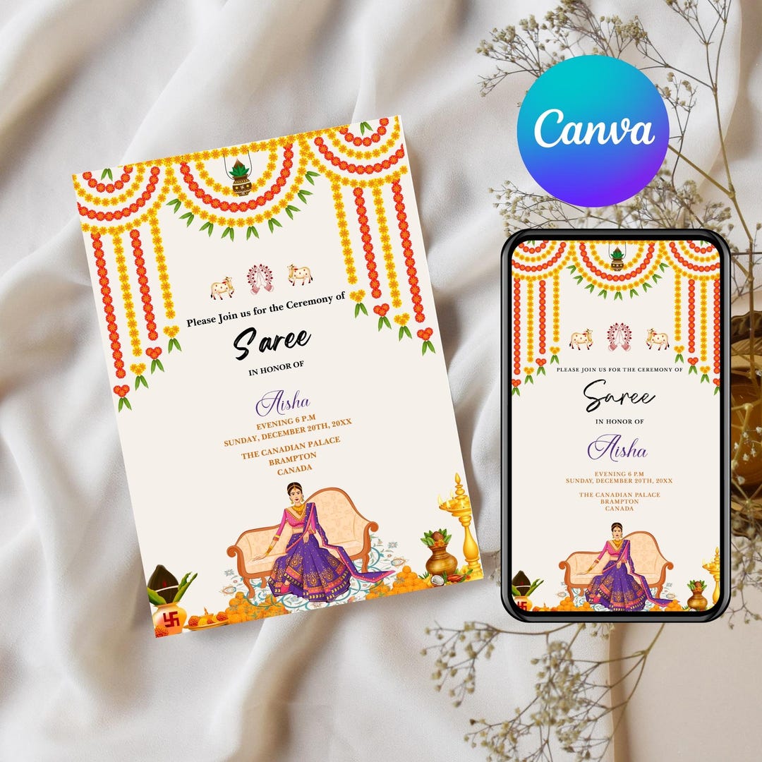 Editable Saree Ceremony Invitation | Half Saree Dhoni Function Canva ...