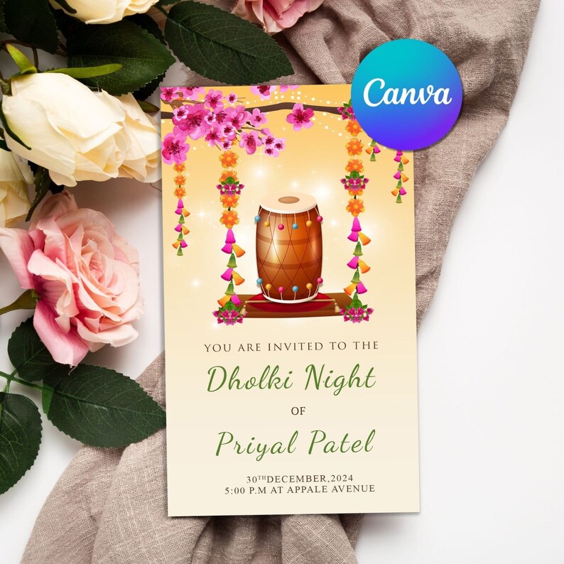 Dholki Digital Invitation With Floral Theme Canva DIY Editable Template ...