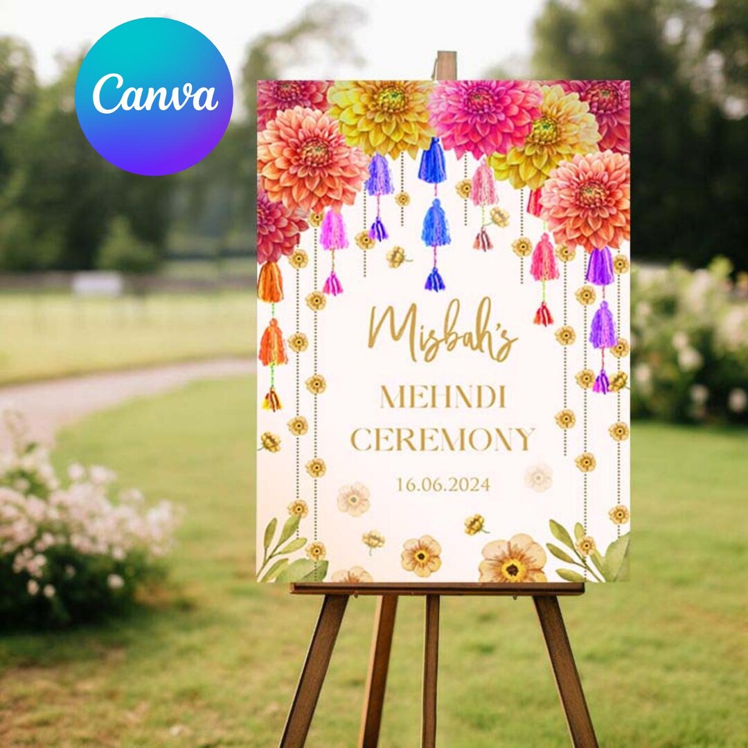 Pink Mehndi Ceremony Welcome Sign | Editable Canva Template | Indian ...