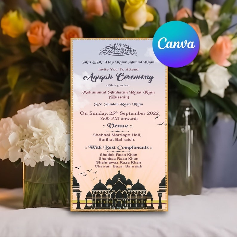 Aqiqah Invitation Card for Muslim Family in Temple Theme Canva DIY ...