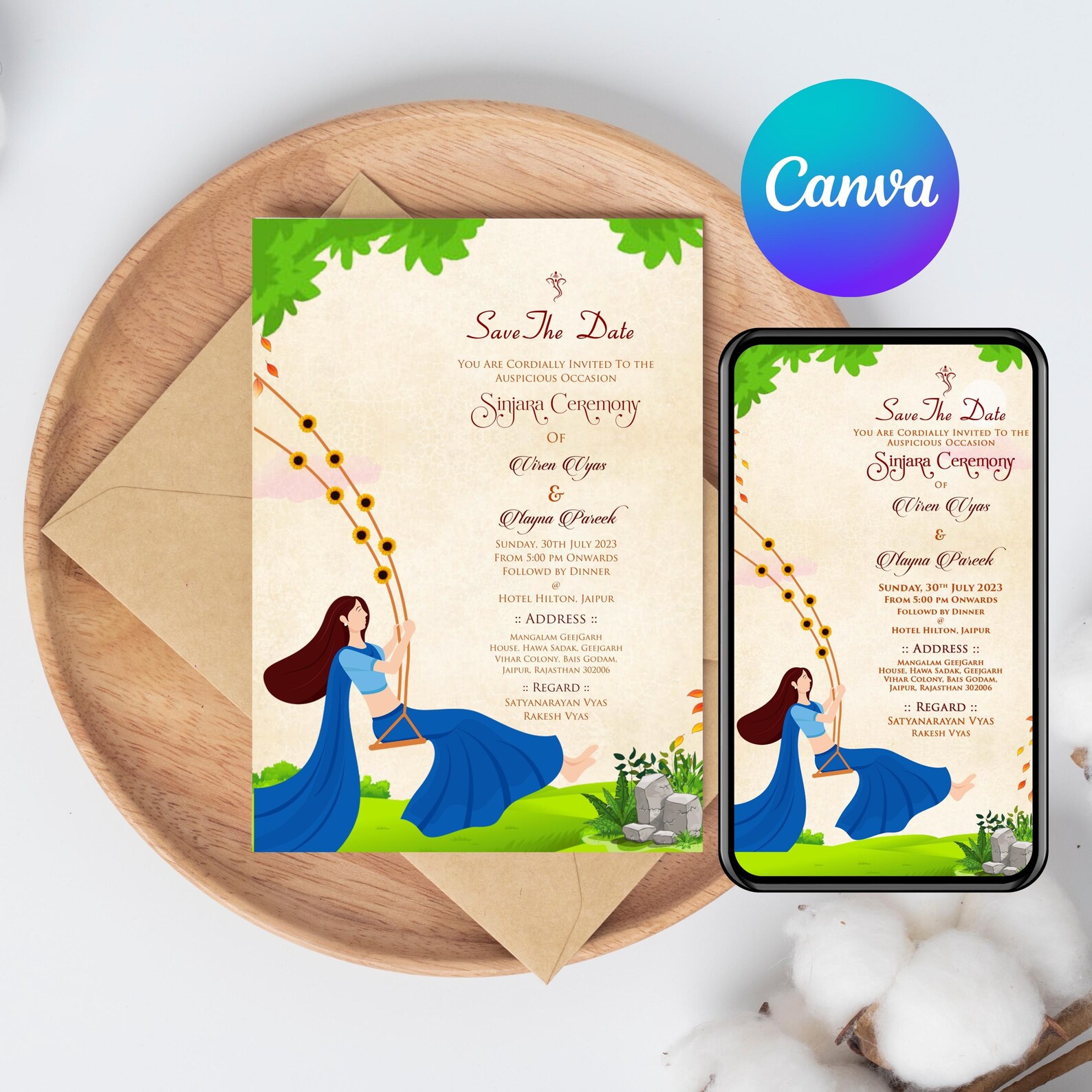 Editable Sinjara Ceremony Invitation | Swing Girl Indian Canva Template ...