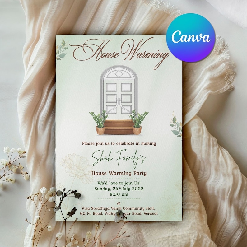 House Warming Ceremony Invitation Card in English Language With Leaves ...