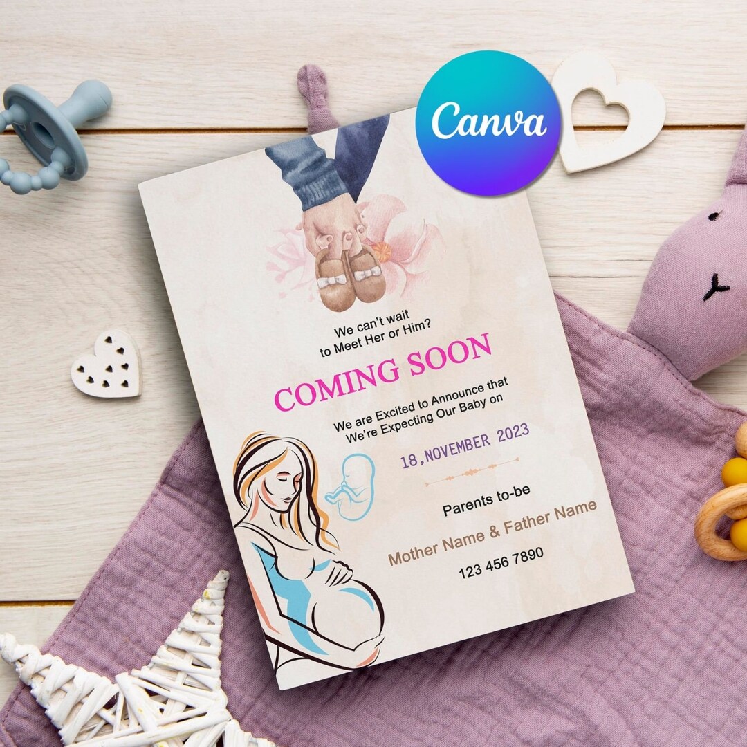Pregnancy Announcement Invitation Card in Minimalistic Theme Canva DIY ...