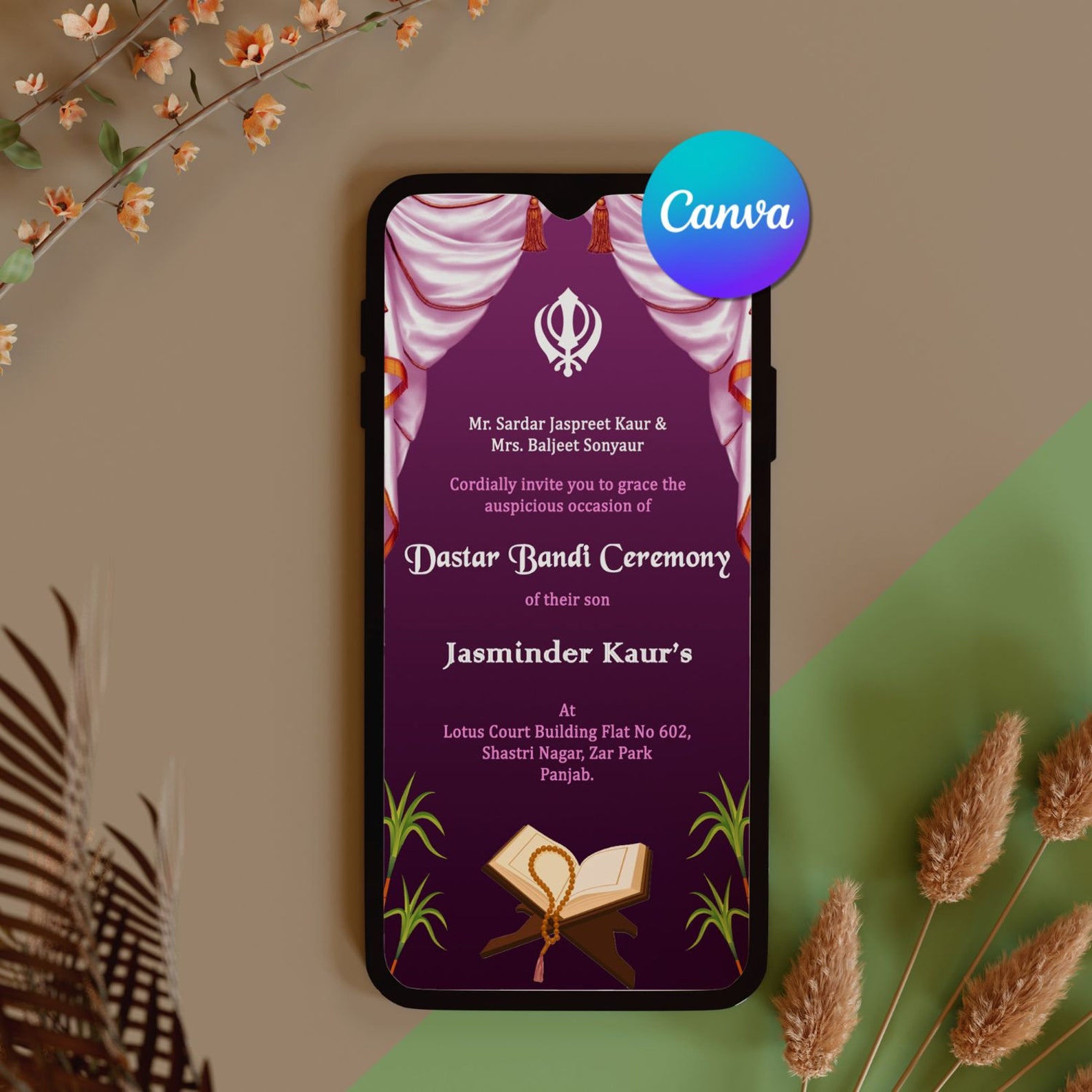 Dastar Bandi Turban Invitation Card in Curtains Theme Canva DIY ...