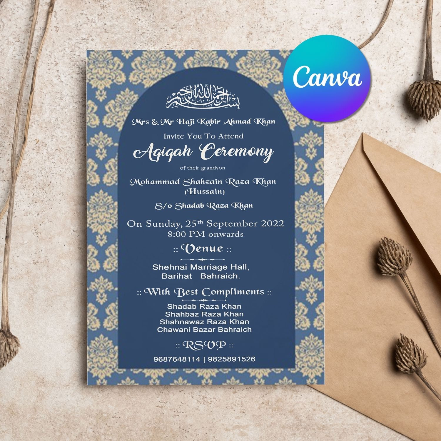 Aqiqah Invitation Card for in Vintage Theme Canva DIY Editable Template ...