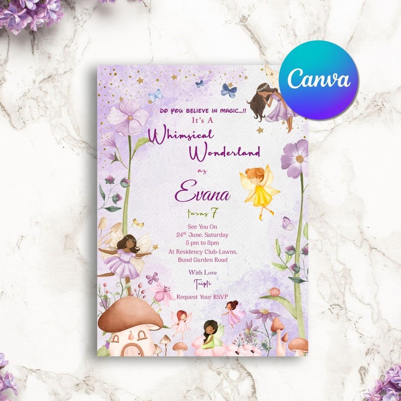 Birthday Party Invitation Card in Fairy Tale Theme Canva DIY Editable ...