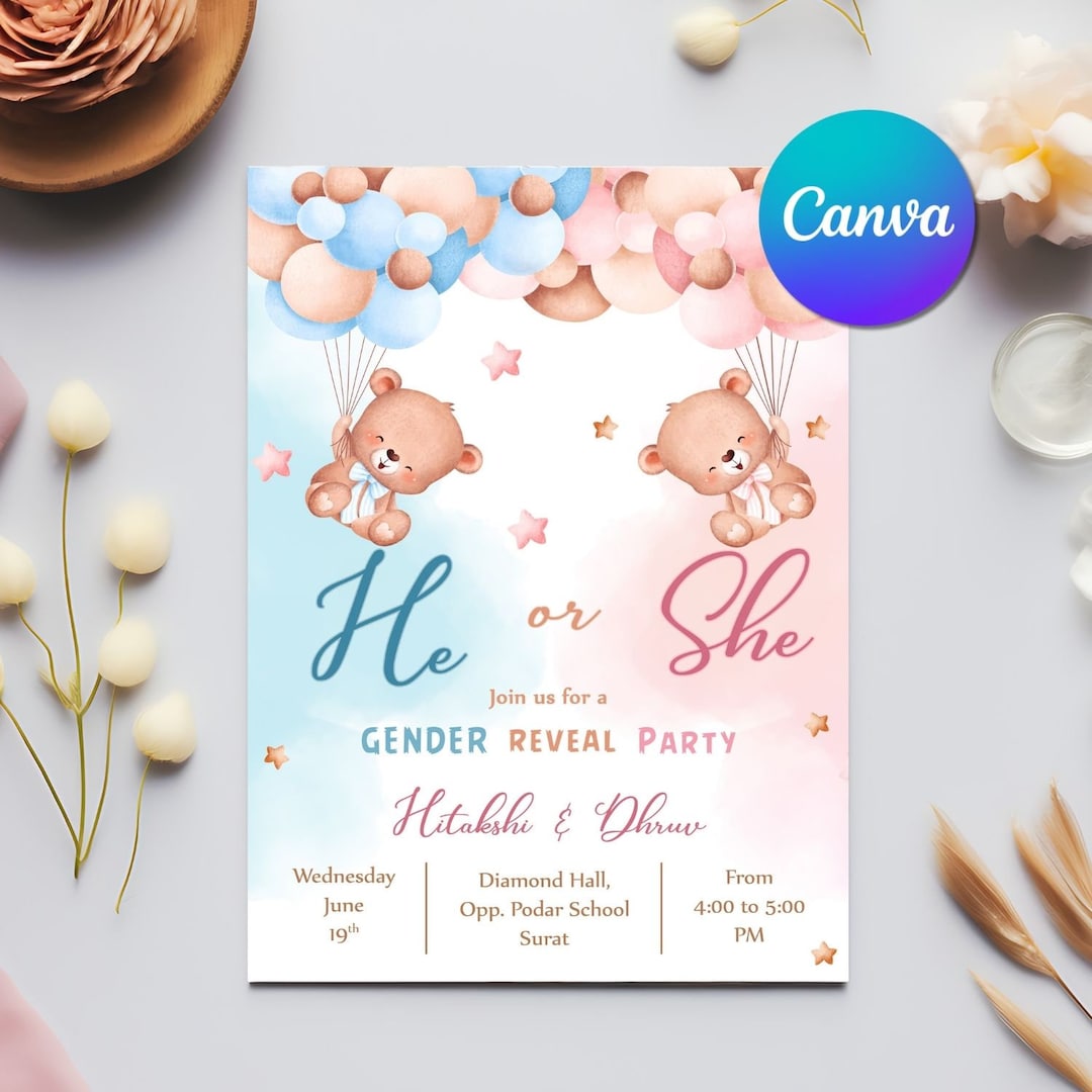 Gender Reveal Invitation Card in Cartoonish Theme Canva DIY Editable ...