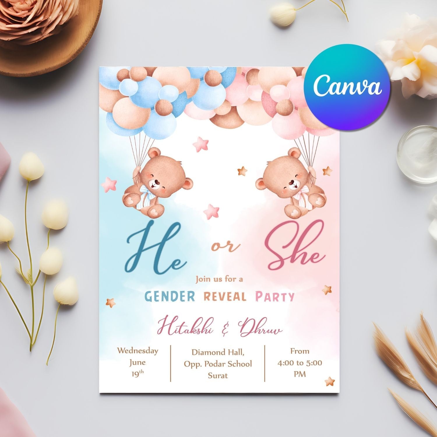 Gender Reveal Invitation Card in Cartoonish Theme Canva DIY Editable ...