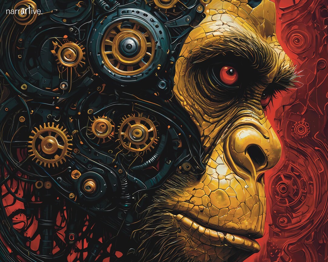 Steampunk Cybernetic Ape Art – Biomechanical Evolution Print, Futuristic Sci-fi Wall Art ...