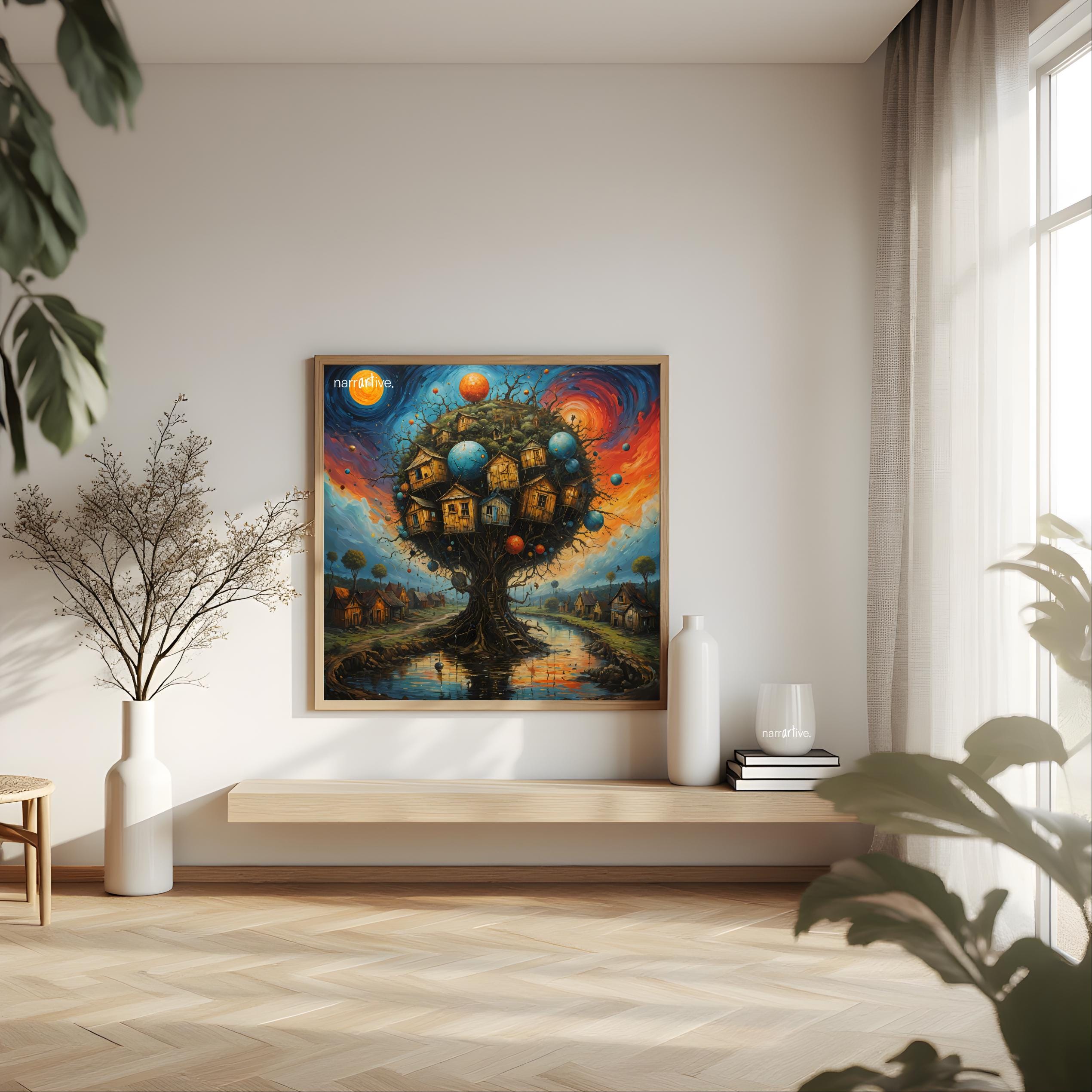 Whimsical Treehouse Wall Art – Fantasy Landscape Print, Atmospheric ...