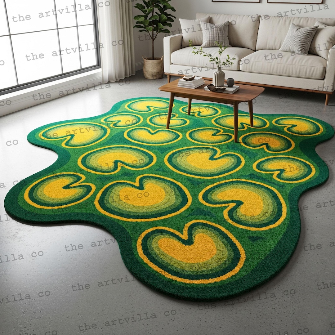 Lily Pad Rug: Green and Yellow Abstract Wool Blend, Artistic Home Decor ...