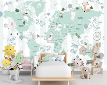 Kids Map Wallpaper, Peel and Stick Cute World Map Wallpaper, Wall Cover ...