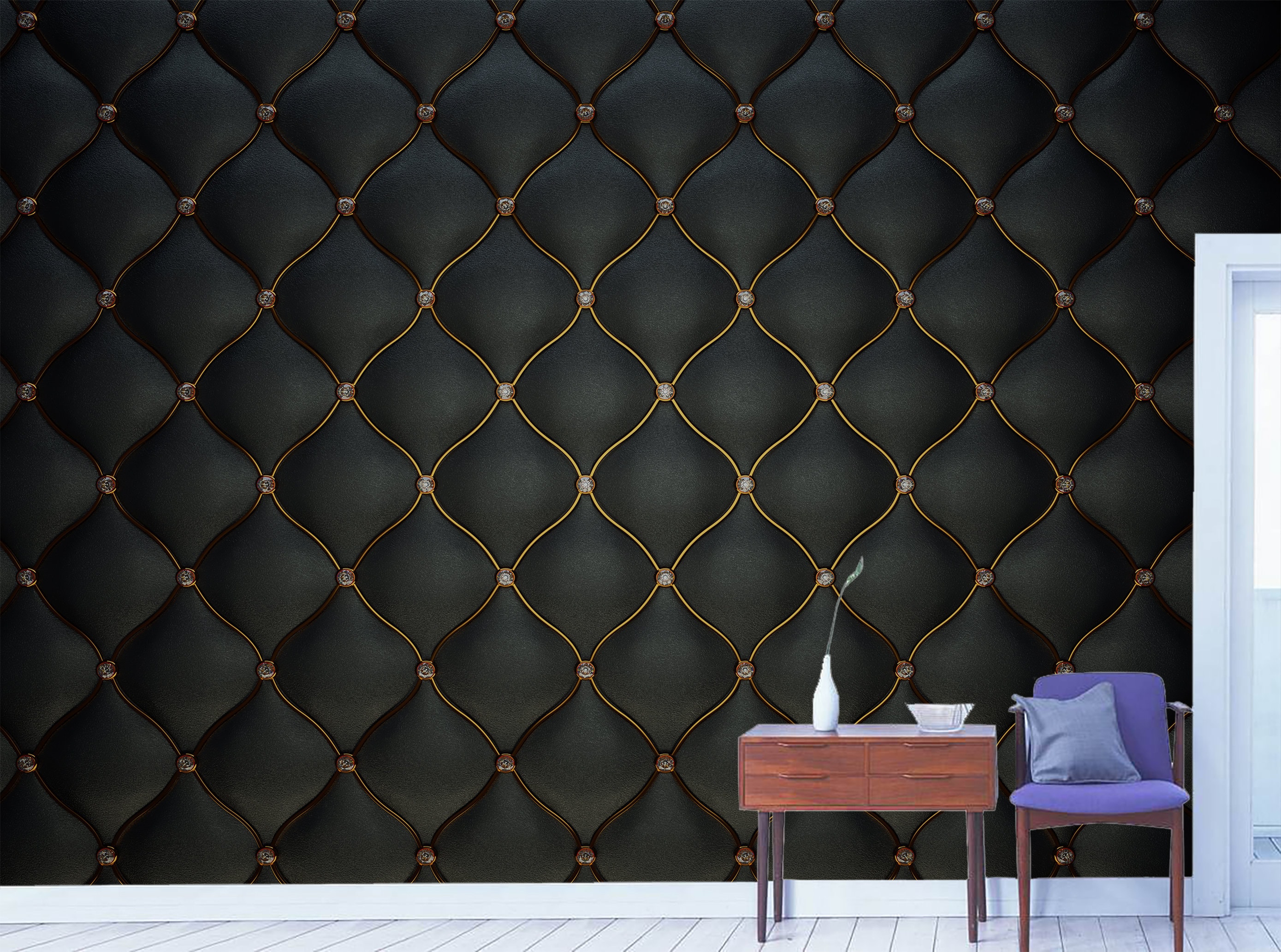 Black Luxury Leather Pattern With Diamonds and Gemstones Peel and Stick ...