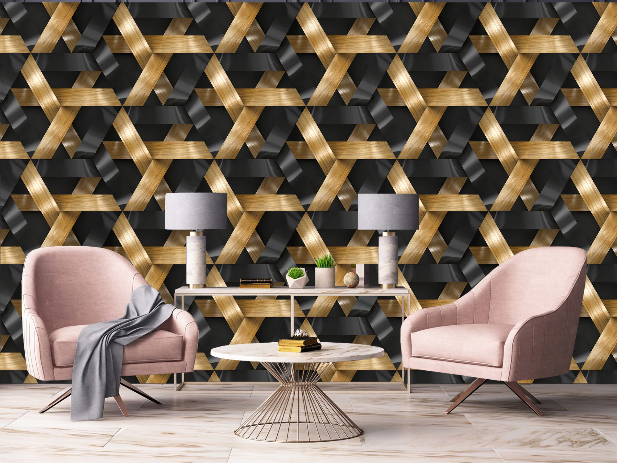 Interlocking Lines Golden Texture Wallpaper Indoor Wall Cladding, Wall ...