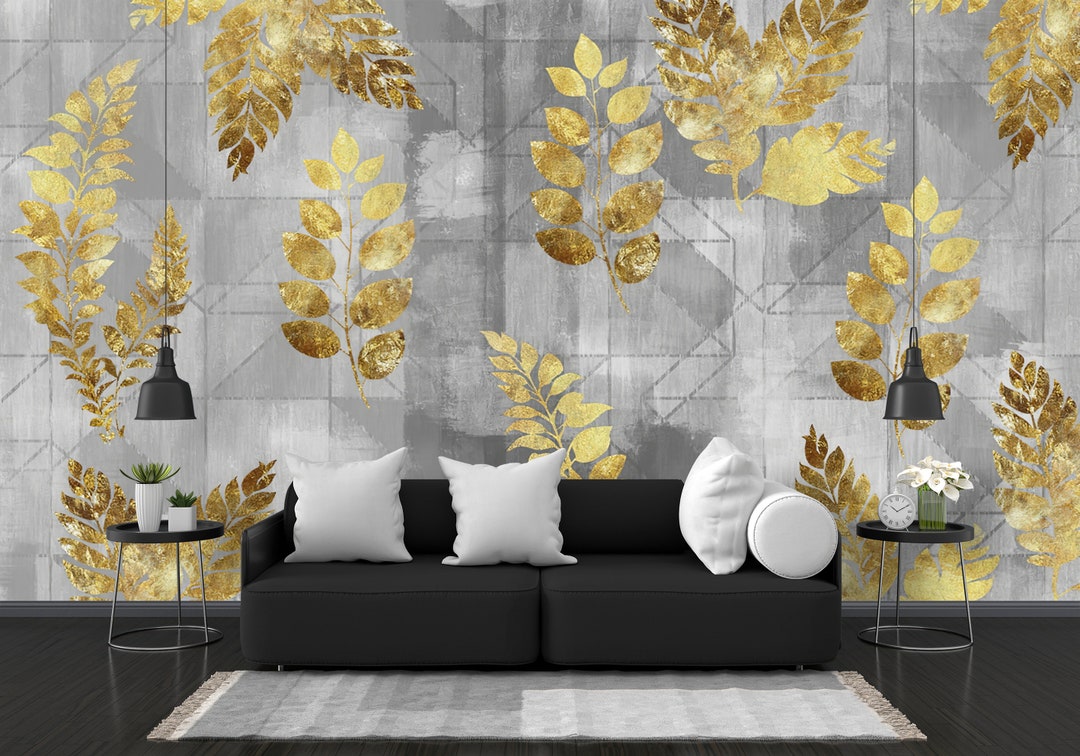 Buy Light Gray 3D Wallpaper With Golden Tree Leaves, Pattern Shapes ...